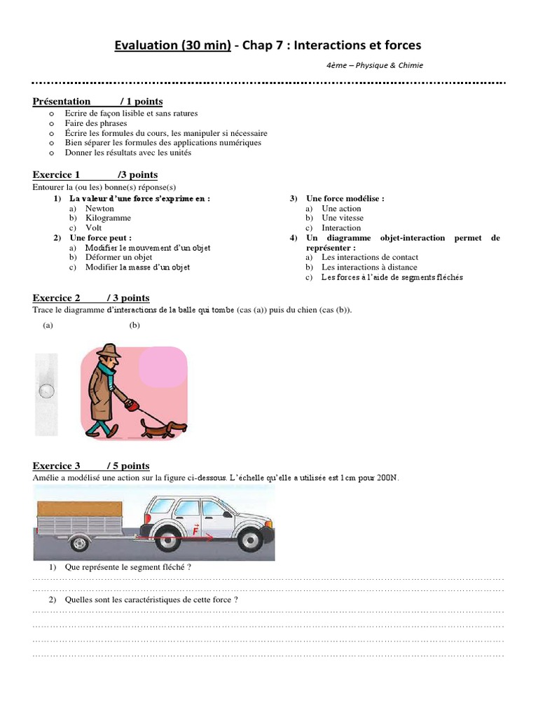 Evaluation (30 Min) - Chap 7: Interactions Et Forces: Présentation / 1 Points | PDF