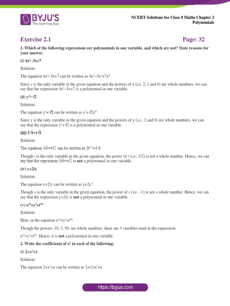 Ncert Solutions For Class 9 Maths April05 Chapter 2 Polynomials | PDF | Equations | Variable ...