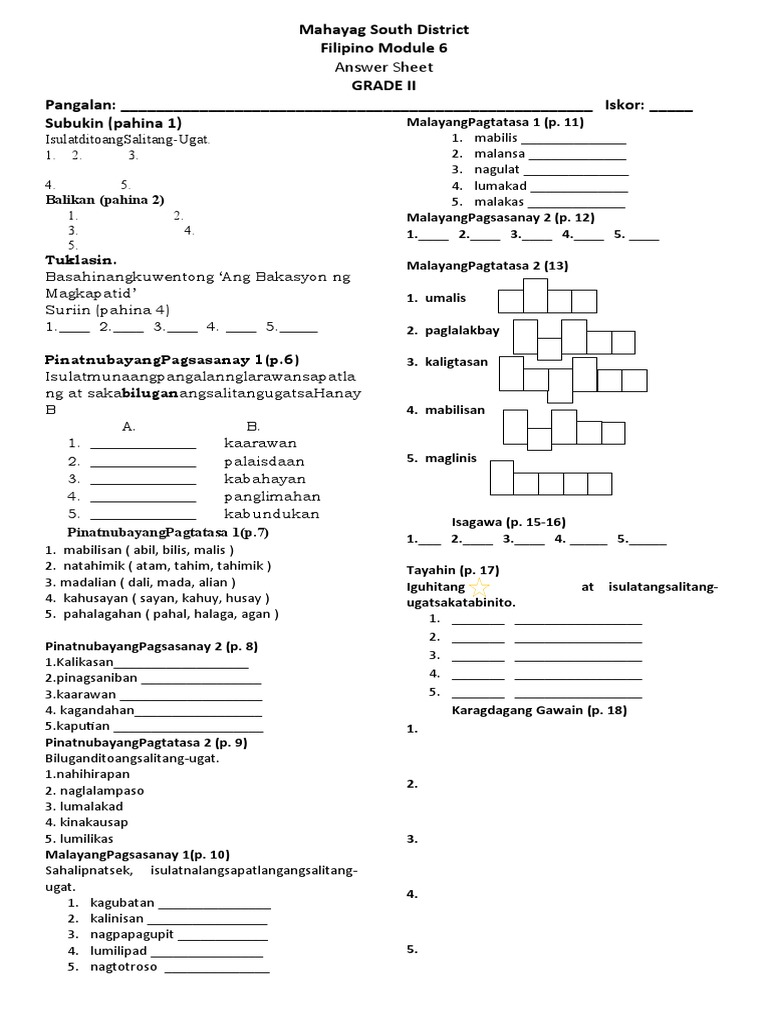 Filipino AnswSheet Week6 | PDF
