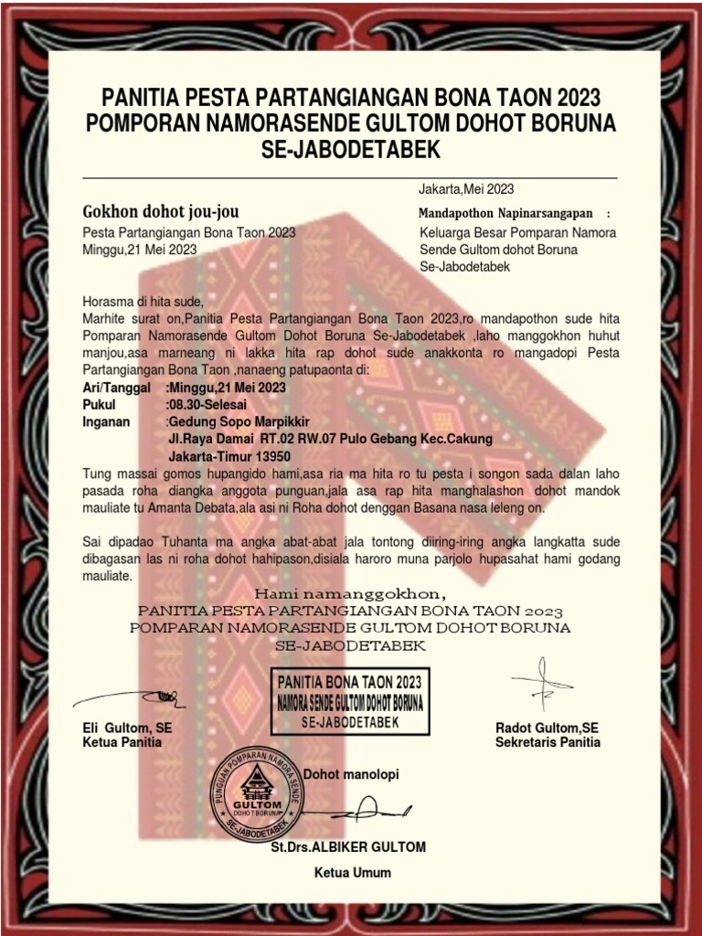 Undangan Bona Taon Gultom 2023 | PDF Undangan Bona Taon Gultom 2023 | PDF