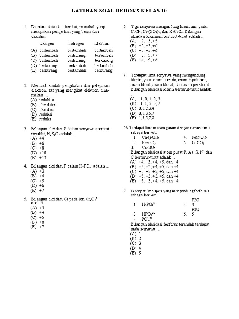 Latihan Soal Redoks Kelas 10 | PDF