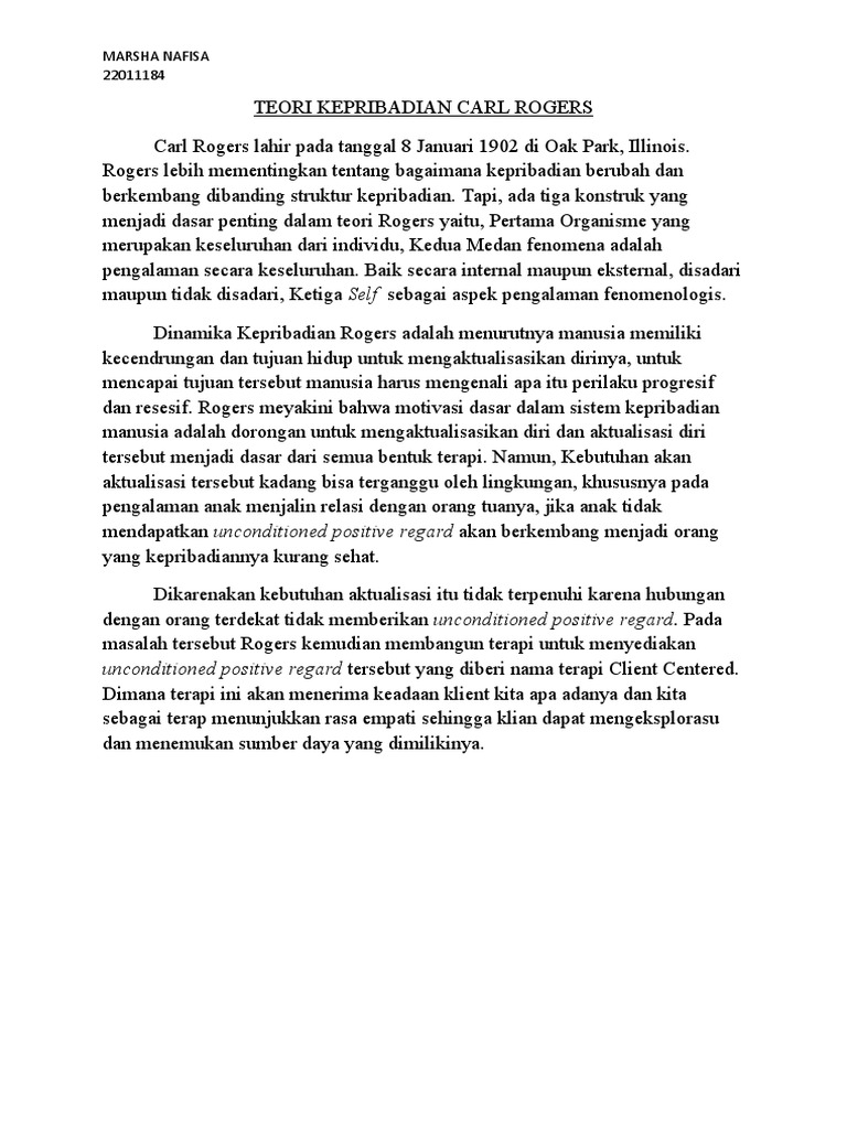 Essay Teori Kepribadian Carl Rogers Marsha Nafisa | PDF