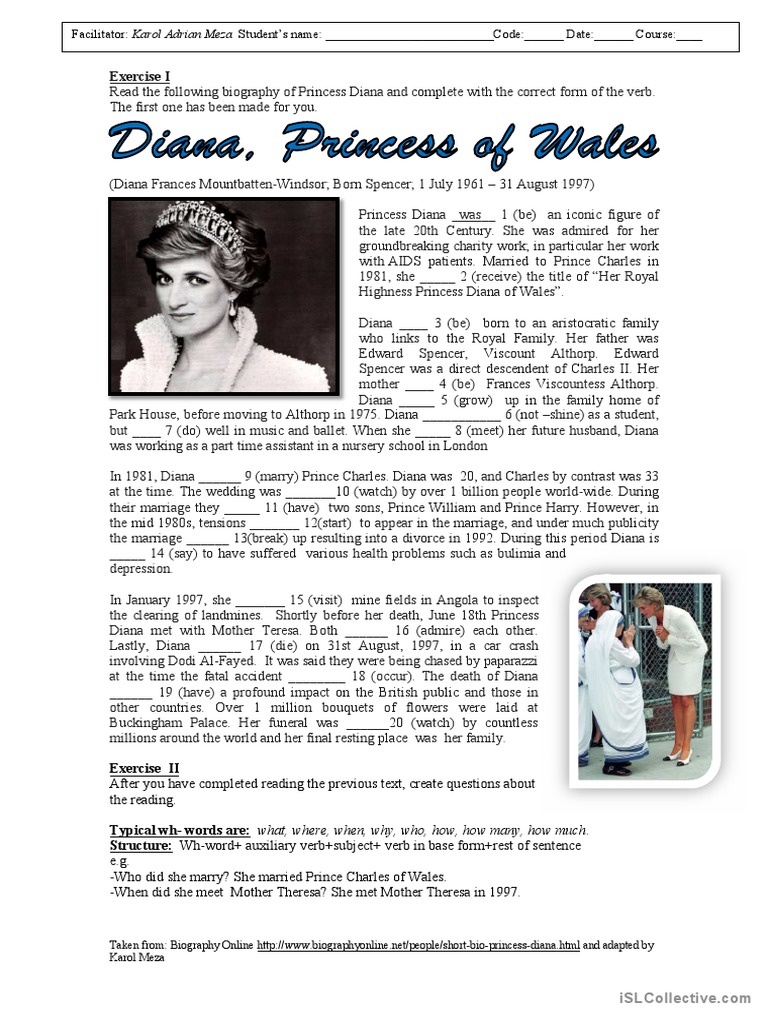 Princess Diana Biography Exercise | PDF | History