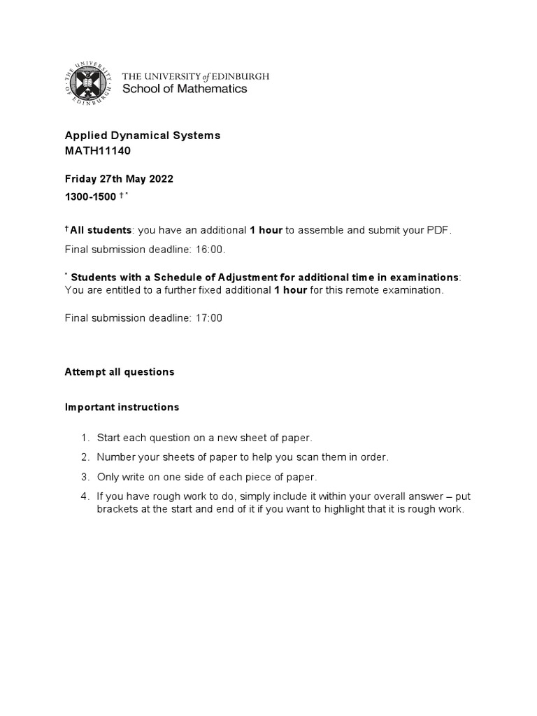 The University of Edinburgh Dynamical Systems Problem Set | Download ...