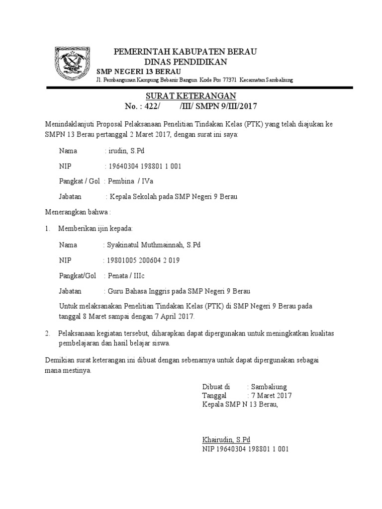 Surat Keterangan Memberikan Ijin PTK | PDF