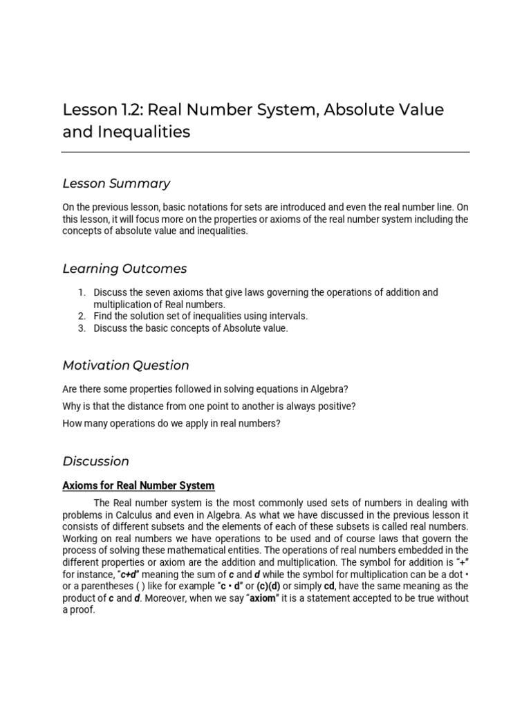 Math 123 Lesson 1.2 | PDF | Inequality (Mathematics) | Real Number