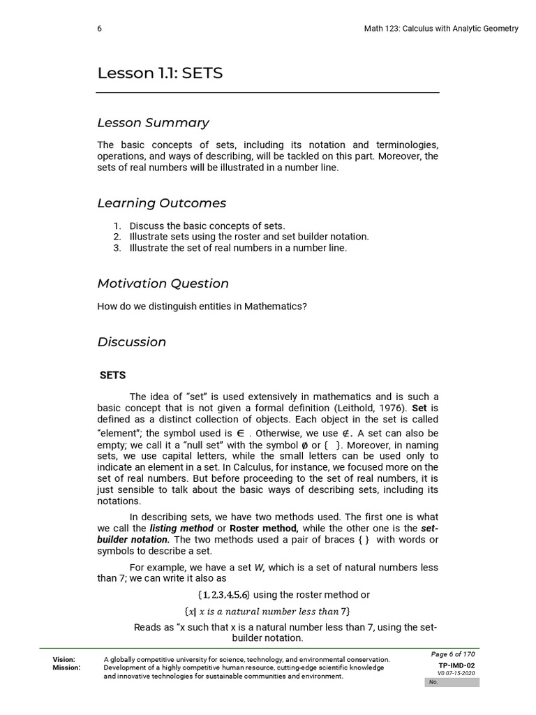 Math 123 Lesson 1.1 | PDF | Set (Mathematics) | Real Number
