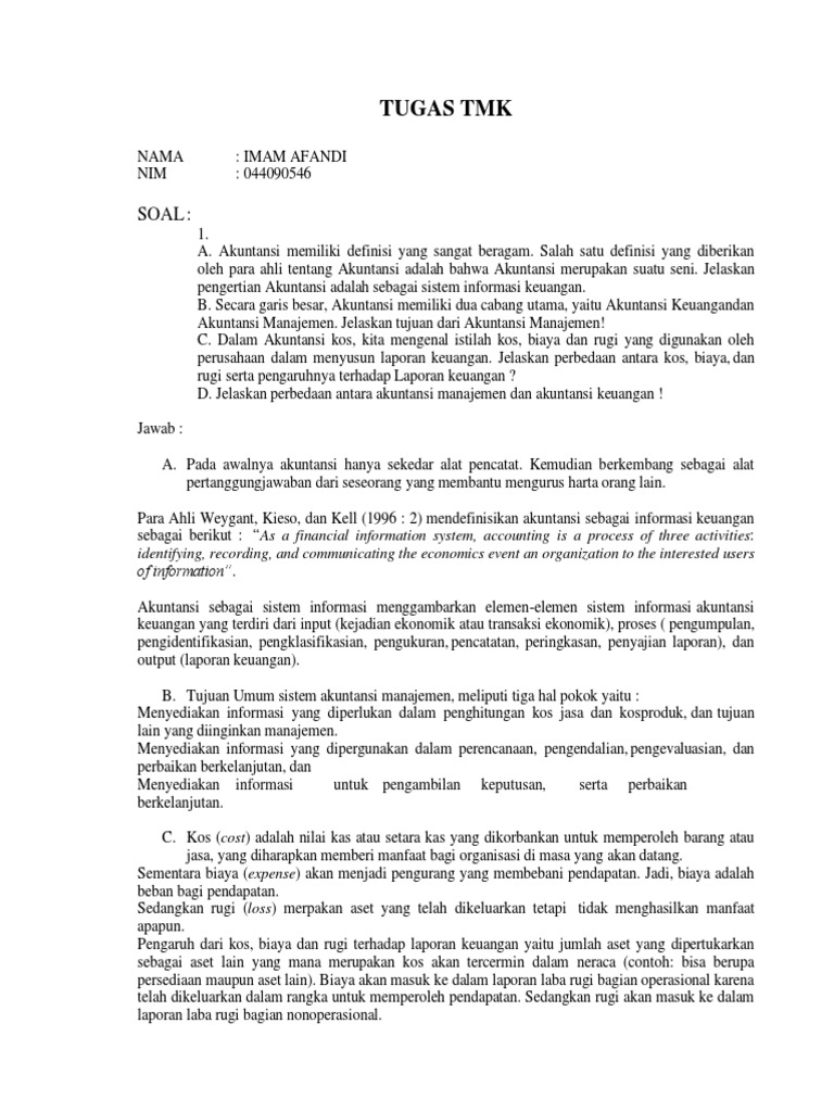 JAWABAN TMK 1 Akuntansi Biaya PDF | PDF