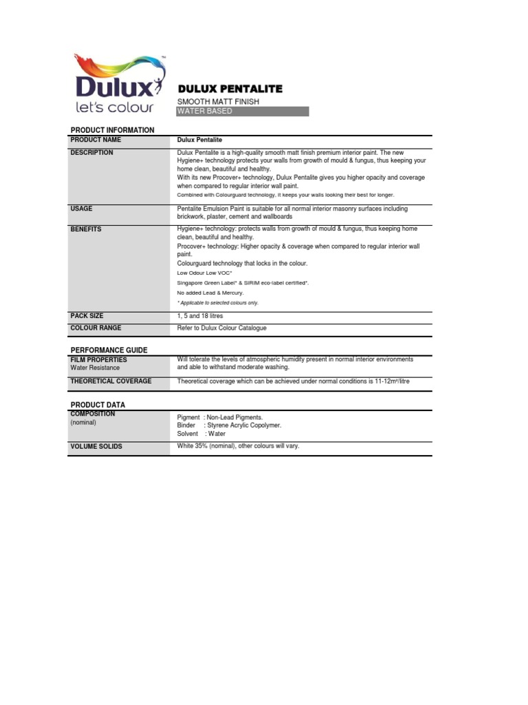 Dulux Pentalite Water-Based Paint Guide | PDF | Art