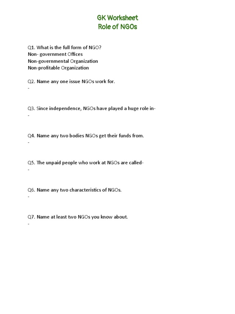 GR 7 - GK Role of NGOs Worksheet | PDF