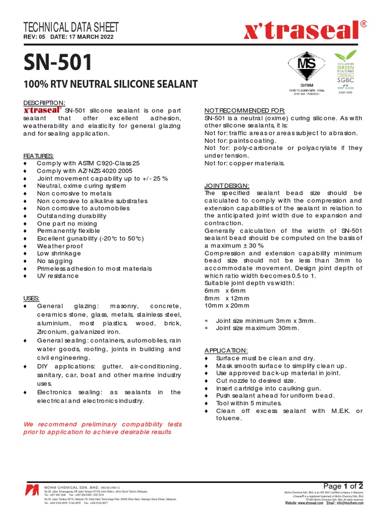1556320638TDS - SN-501 100 RTV Neutral Silicone Sealant | PDF ...