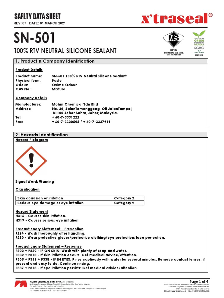 5579152520SDS - SN-501 100 RTV Neutral Silicone Sealant | PDF