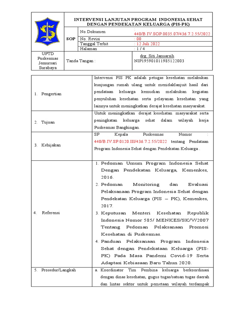 2022 Sop Intervensi Lanjutan Pispk PKM Jemursari | PDF