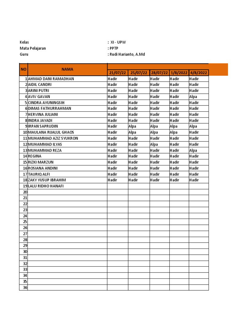 Daftar Absensi Siswa Excel 2022/2023 | PDF