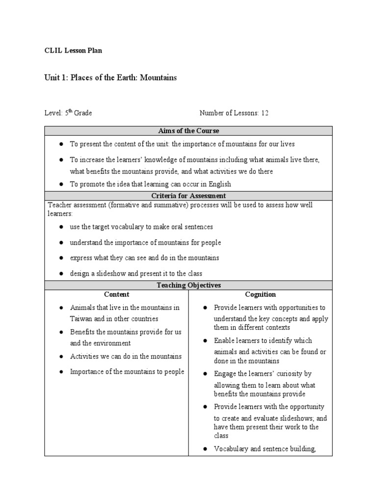 CLIL Lesson Plan Unit 1 | Download Free PDF | Learning | Lesson Plan