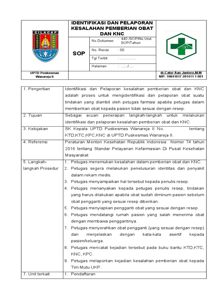 Sop Identifikasi Dan Pelaporan Kesalahan Pemberian Obat Dan KNC | PDF Sop Identifikasi Dan Pelaporan Kesalahan Pemberian Obat Dan KNC | PDF