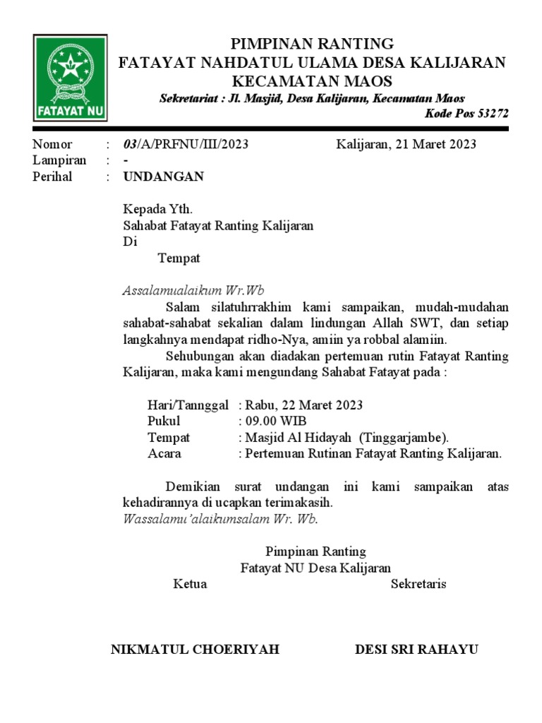 Undangan Pertemuan Fatayat Kalijaran | PDF