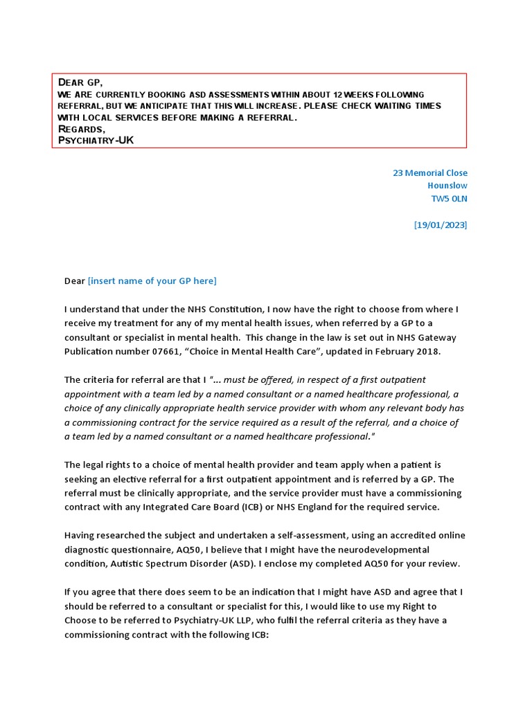 Letter To GP Patient Right To Choose ASD | PDF | Health Care | Autism ... Letter To GP Patient Right To Choose ASD | PDF | Health Care | Autism ...