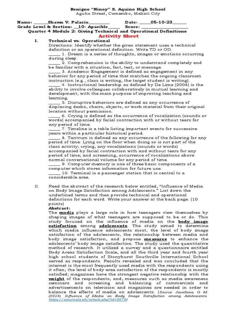 Q4M2 Activity Sheet For Asynchronous Class - Agc | PDF | Adolescence | Body Image