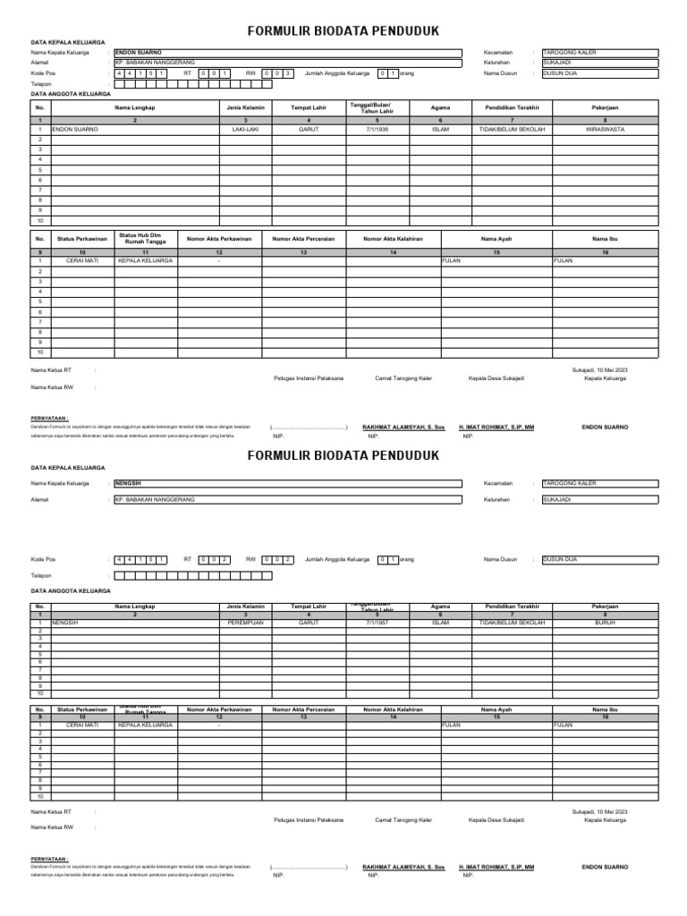 Formulir Biodata Penduduk | PDF