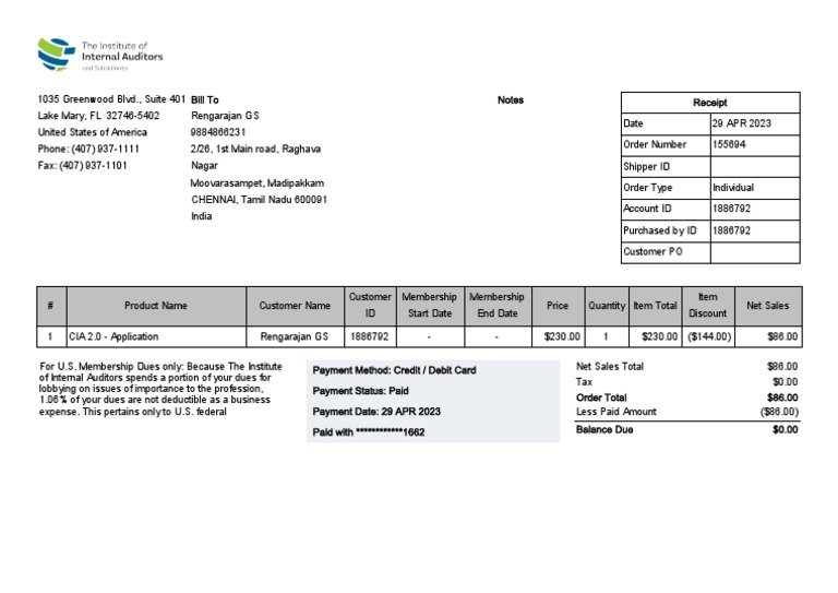 CIA Application Invoice - Order - 155694 | PDF | Credit Card | Payments