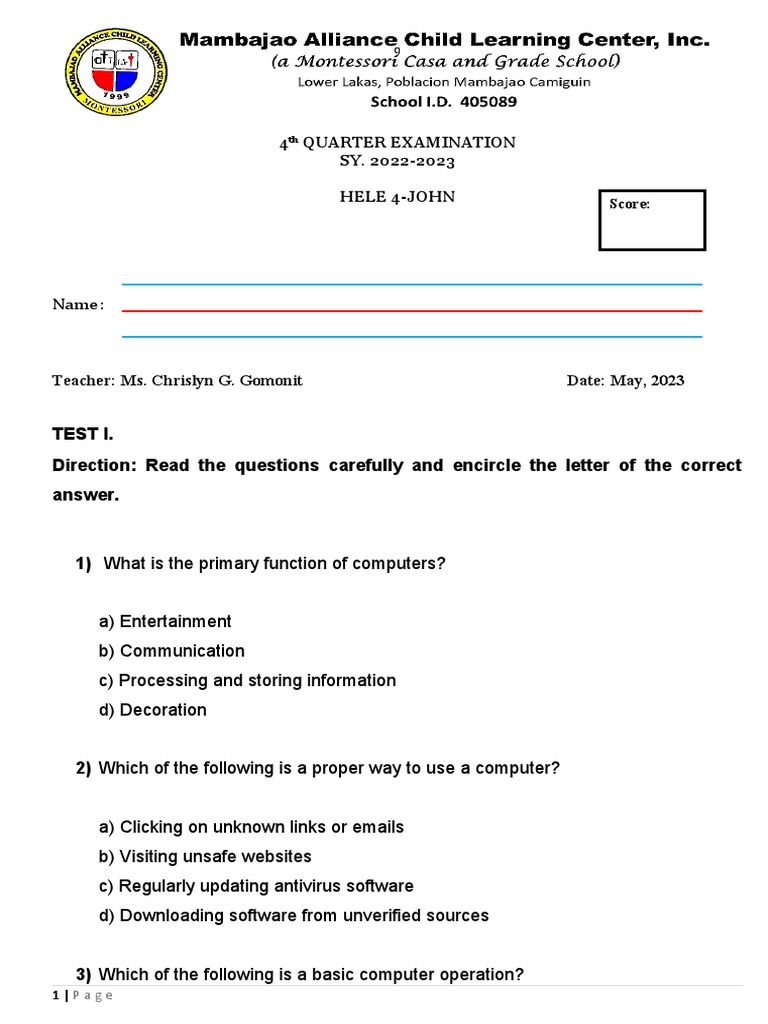 4th Quarter Examination - Computer Literacy and Entrepreneurship Test ...