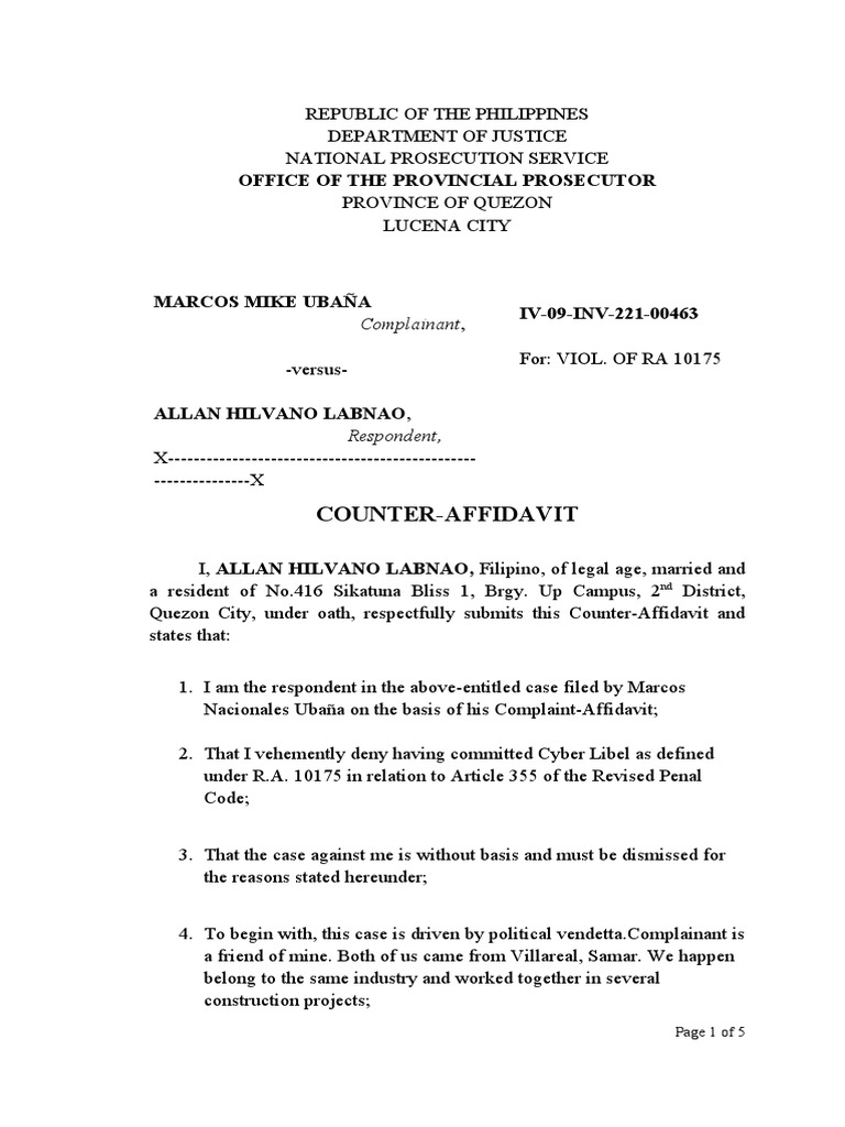 Counter-Affidavit in Cyber Libel Case | PDF | Defamation | Justice