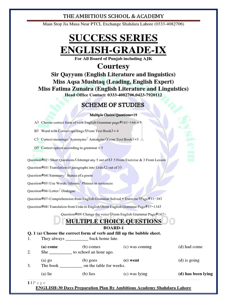 9th English Success Series | PDF | Verb | Noun