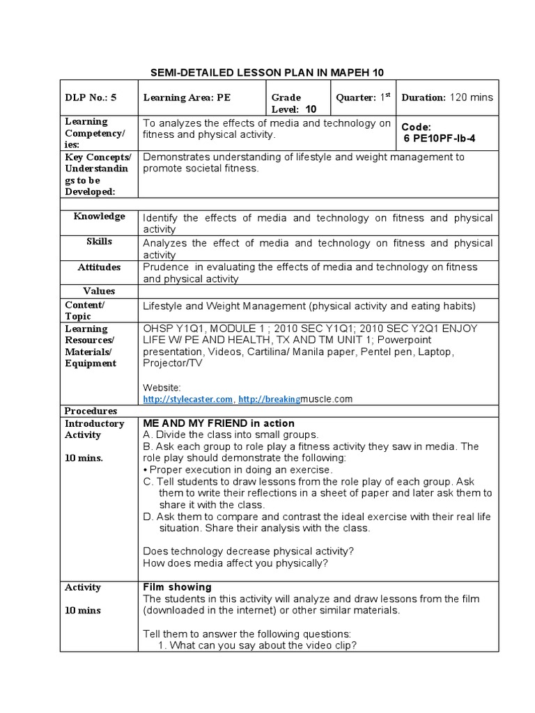 PE10 Q1 L5 MELCs | PDF | Learning | Physical Fitness