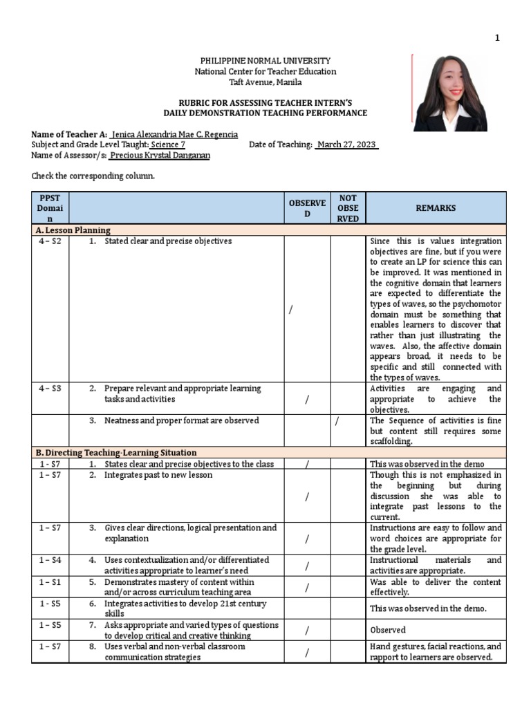 Rubric For Assessing Teacher Intern'S Daily Demonstration Teaching Performance Name of Teacher A ...