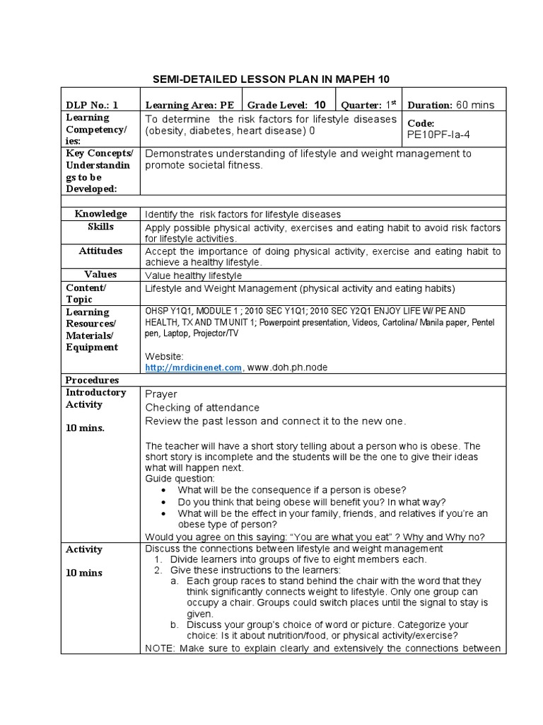 Risk Factors for Lifestyle Diseases PE Lesson Plan | PDF | Obesity ...