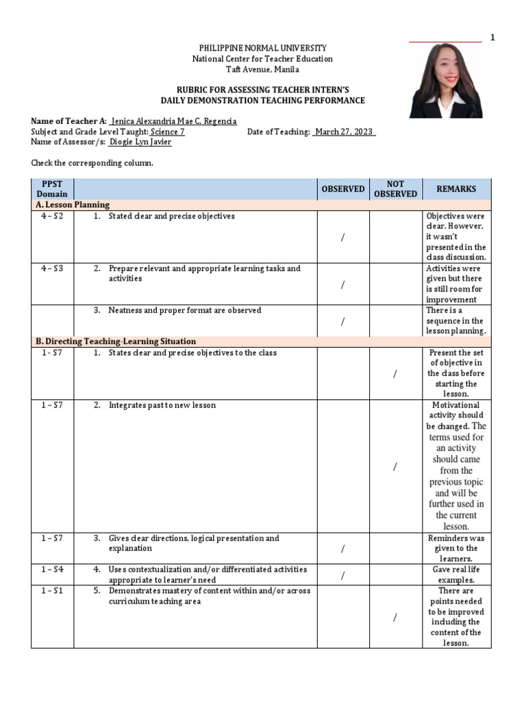 Rubric For Assessing Teacher Intern'S Daily Demonstration Teaching Performance Name of Teacher A ...