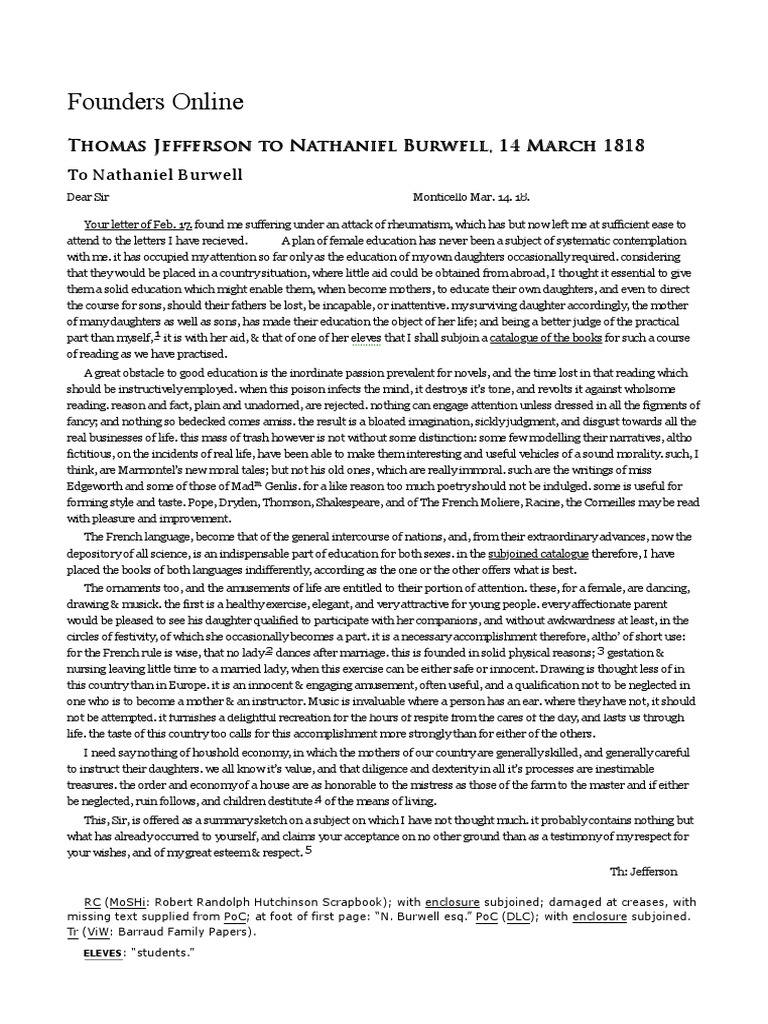 Thomas Jefferson To Nathaniel Burwell, 14 March 1818 | PDF | National ...