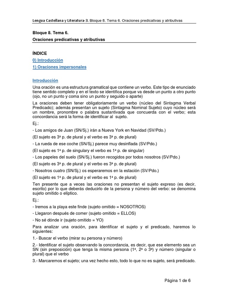 Oraciones Atributivas y Predicativas | PDF | Asunto (gramática) | Verbo