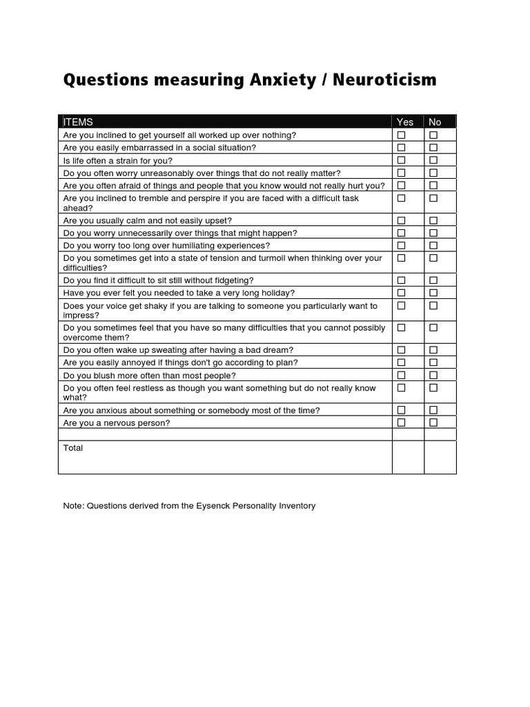 E03 Anxiety Level Neuroticism Questionnaire | PDF | Career & Growth ...
