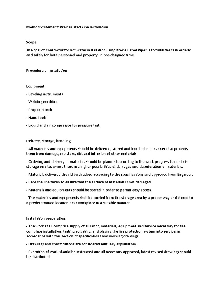 Method Statement-Preinsulated Pipe Installation | PDF