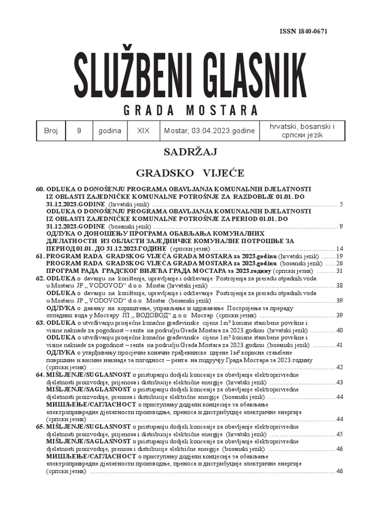 Sluzbeni Glasnik Grada Mostara Broj 9-2023 | PDF