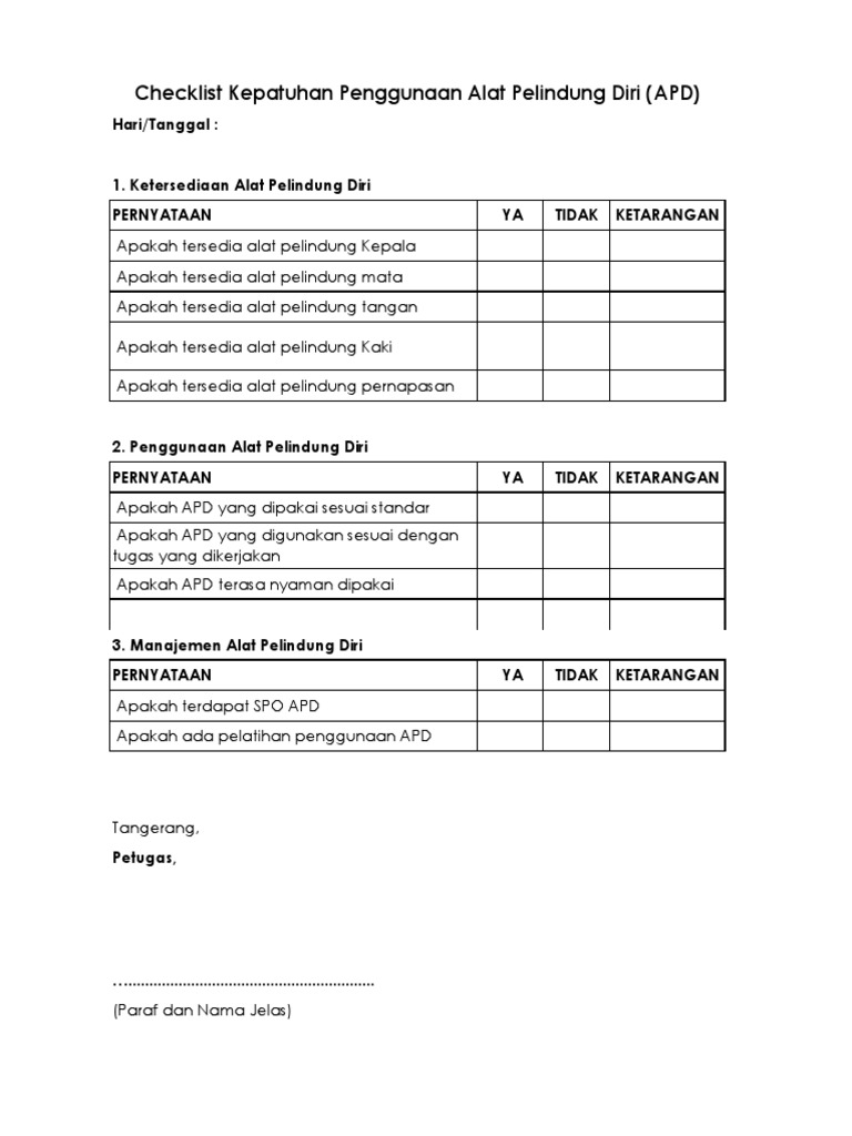 Checklist Kepatuhan APD di Tempat Kerja | PDF