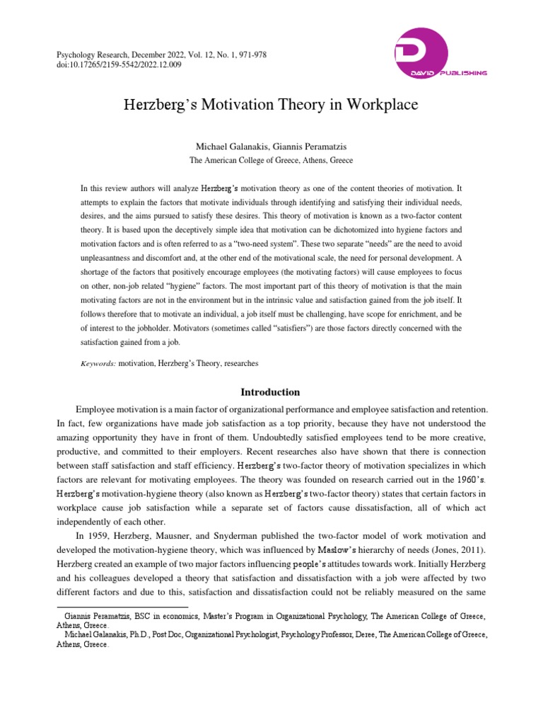Herzberg's Motivation Theory in Workplace | PDF | Job Satisfaction ...