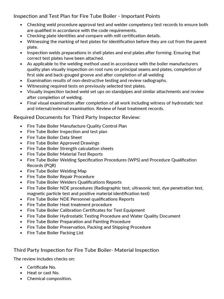 Inspection and Test Plan For Fire Tube Boiler | PDF