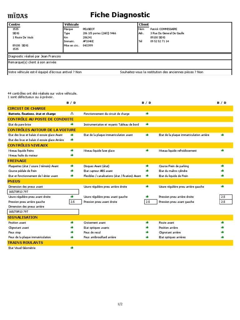 Fiche Diagnostic PDF | Descargar gratis PDF | Pneumatique (véhicule) | Frein