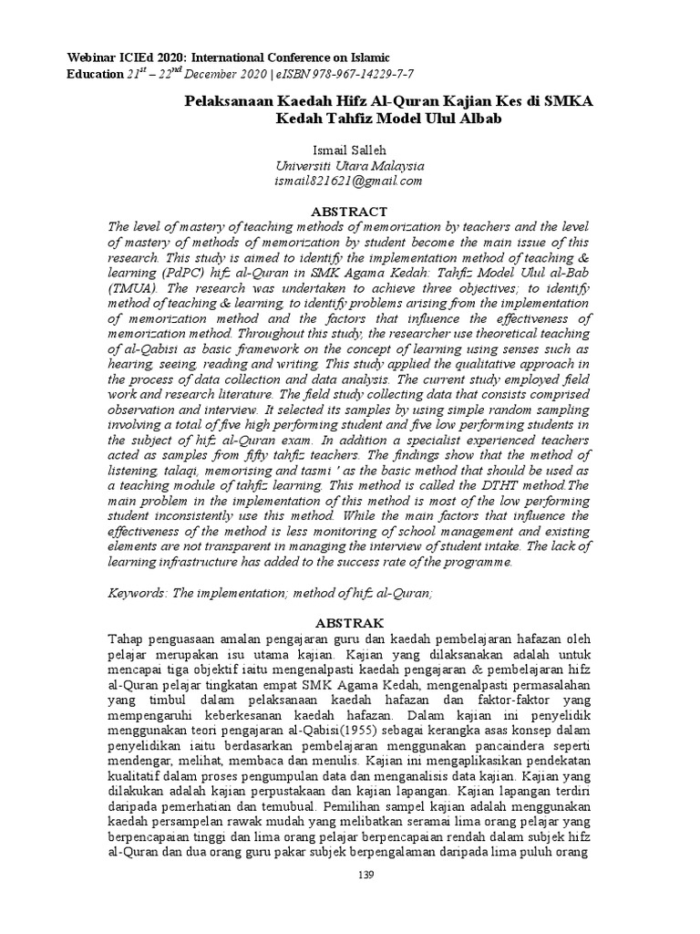 Eprosiding Webinar ICIEd 2020 - Pelaksanaan Kaedah Hifz Kajian Kes Di ...