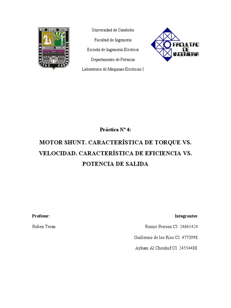 Caracterización del motor shunt: Determinación de las curvas de torque vs velocidad y eficiencia ...