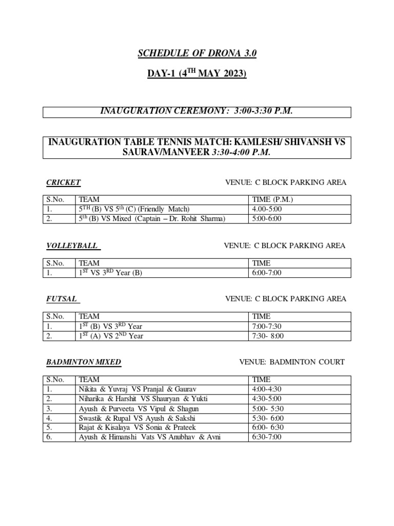 Drona 3.0 Sports Event Schedule | PDF | Ball Games | Sports