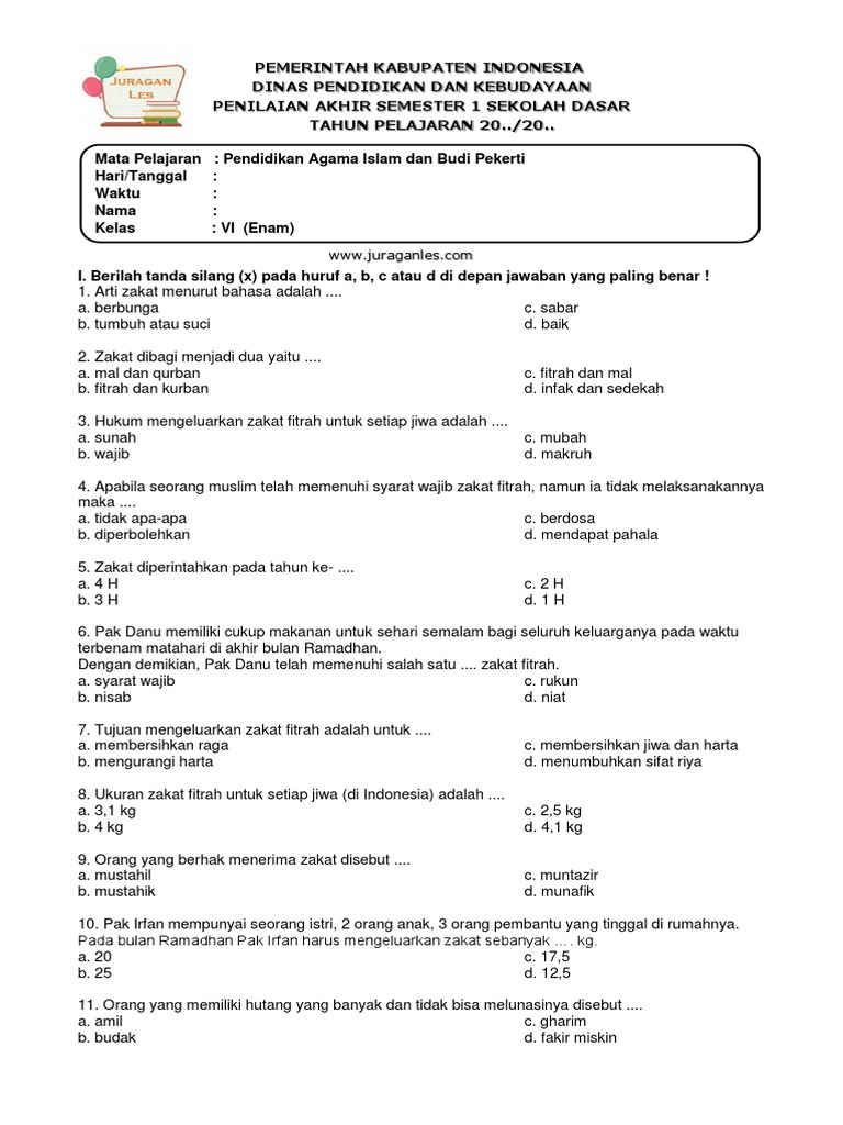 Soal PAS Pendidikan Agama Islam Kelas 6 Semester 1 Tahun 2022 | PDF