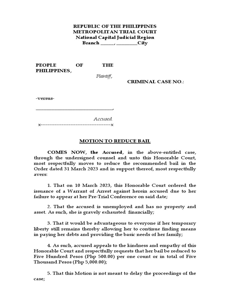 Motion to Reduce Bail in Criminal Case | PDF | Finance & Money ...
