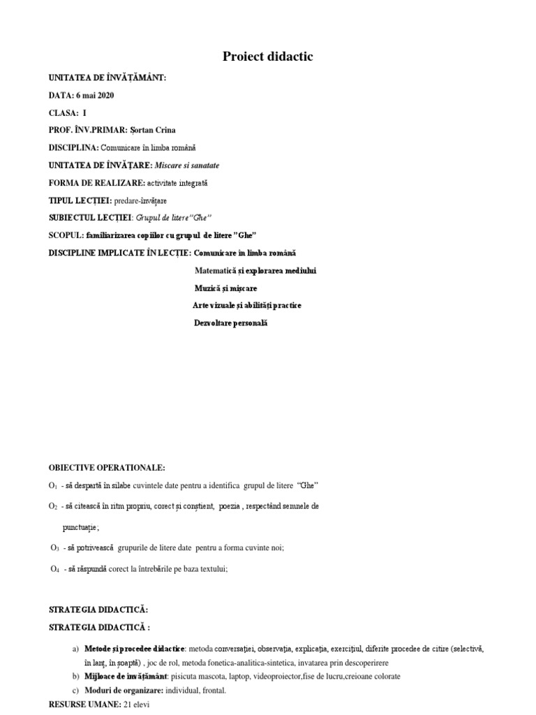 25 05 2021 Nivel Primar CLR Grupul de Litere Ghe (Proiect Didactic) Clasa I | PDF