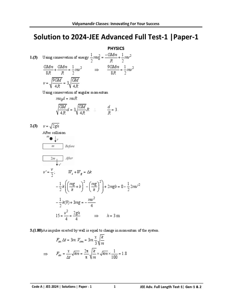 2024 Jee Advanced Full Test 1 Paper 1 Solutions Pdf Pdf