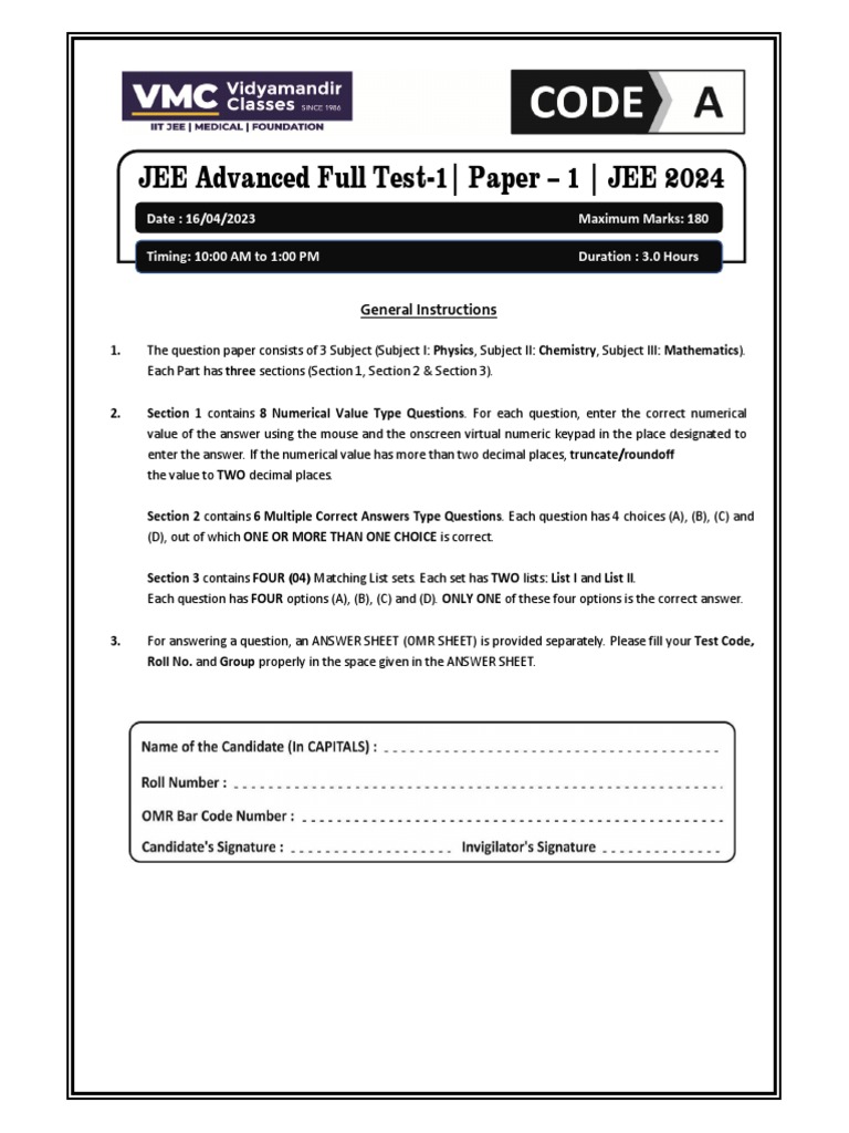 2024-JEE Advanced Full Test-1 - Paper-1 PDF | PDF | Gases | Applied And ...