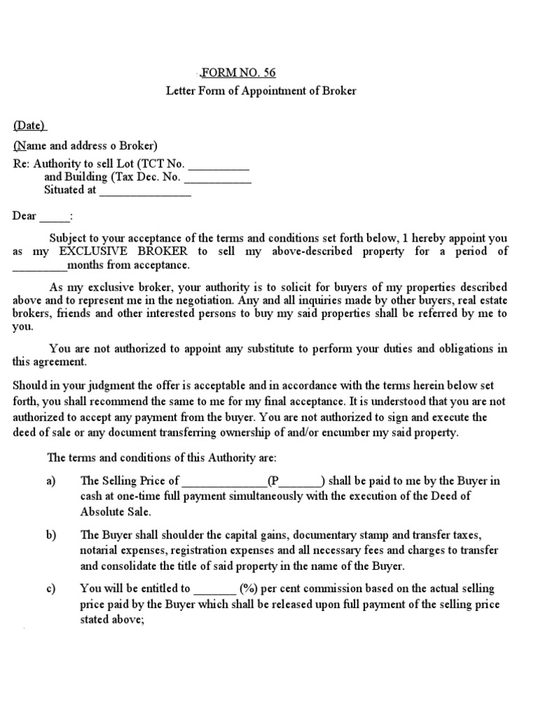 FORM NO. 56 Letter Form of Appointment of Broker | PDF | Deed | Property